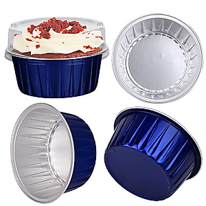 Desserts Foil baking Cups, 5 oz 100 pcs Reusable Cupcake Cups with Lids, Pie Ramekins, Pudding Cups Cake Pans for Wedding,Christmas,Kitchen,Birthday Party,Various Holiday Parties