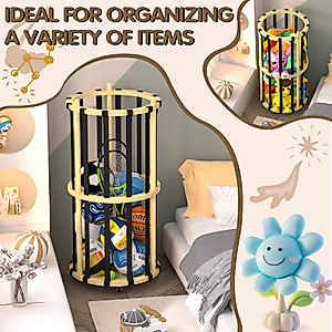 Stuffed Animal Organizer, Toy Organizer Cage with Wider Elastic Band for Small Medium Large Plush Holder, Round Wooden Storage Bins for Boys Girls, Nursery Play Room