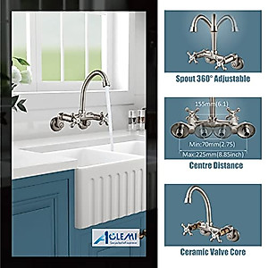 Aolemi Wall Mount Kitchen Faucet Brushed Nickel 6 Inch Center Commercial Mixer Tap with Swivel Spout Double Cross Handle Utility Sink Faucets 3 to 9 Inch Adjustable Hole Distance