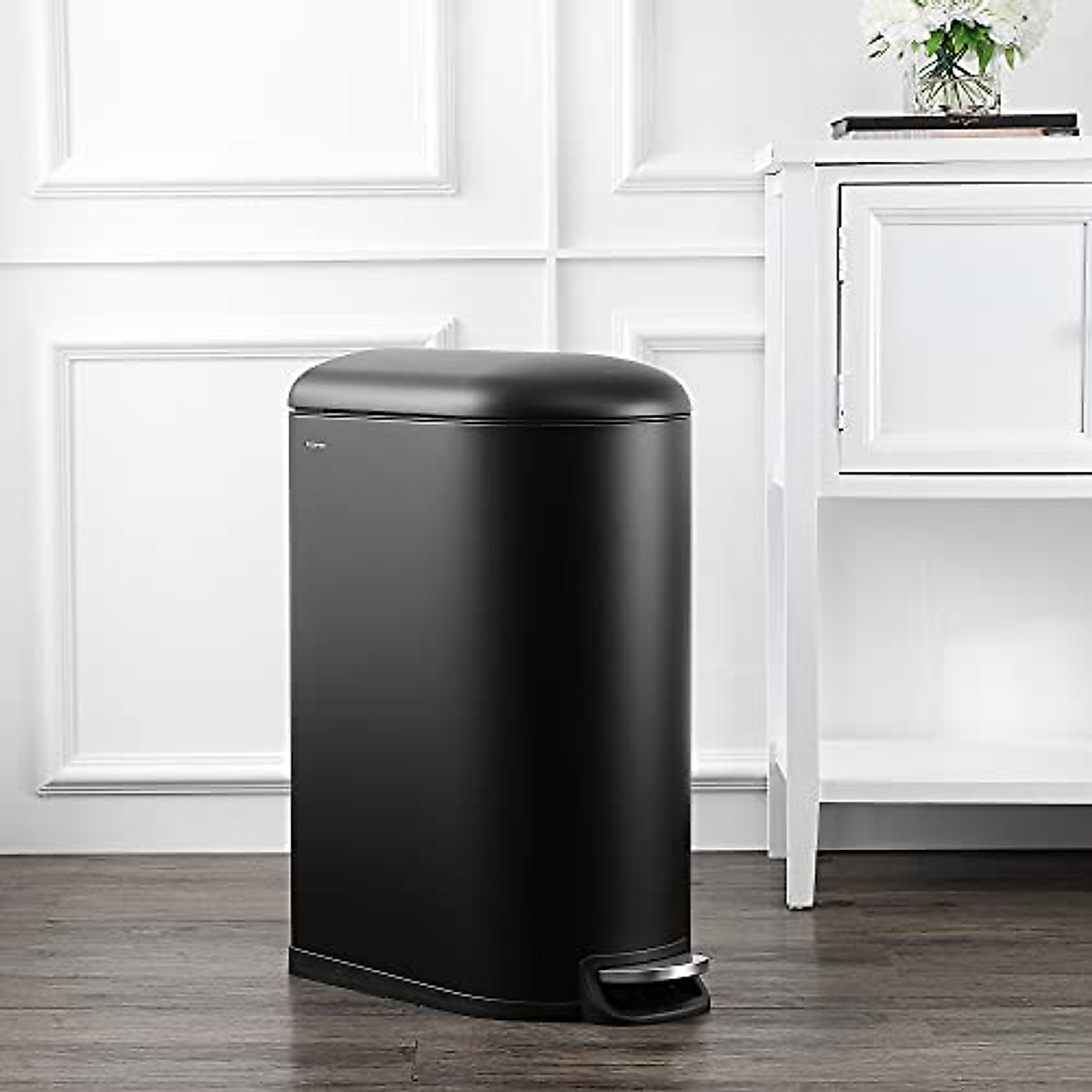 happimess HPM1009B Roland Mini 2.6-Gallon Step-Open Trash Can with Soft-Close Lid, Modern, Minimalistic, Fingerprint Proof for Home, Kitchen, Laundry Room, Office, Bedroom, Bathroom, Black
