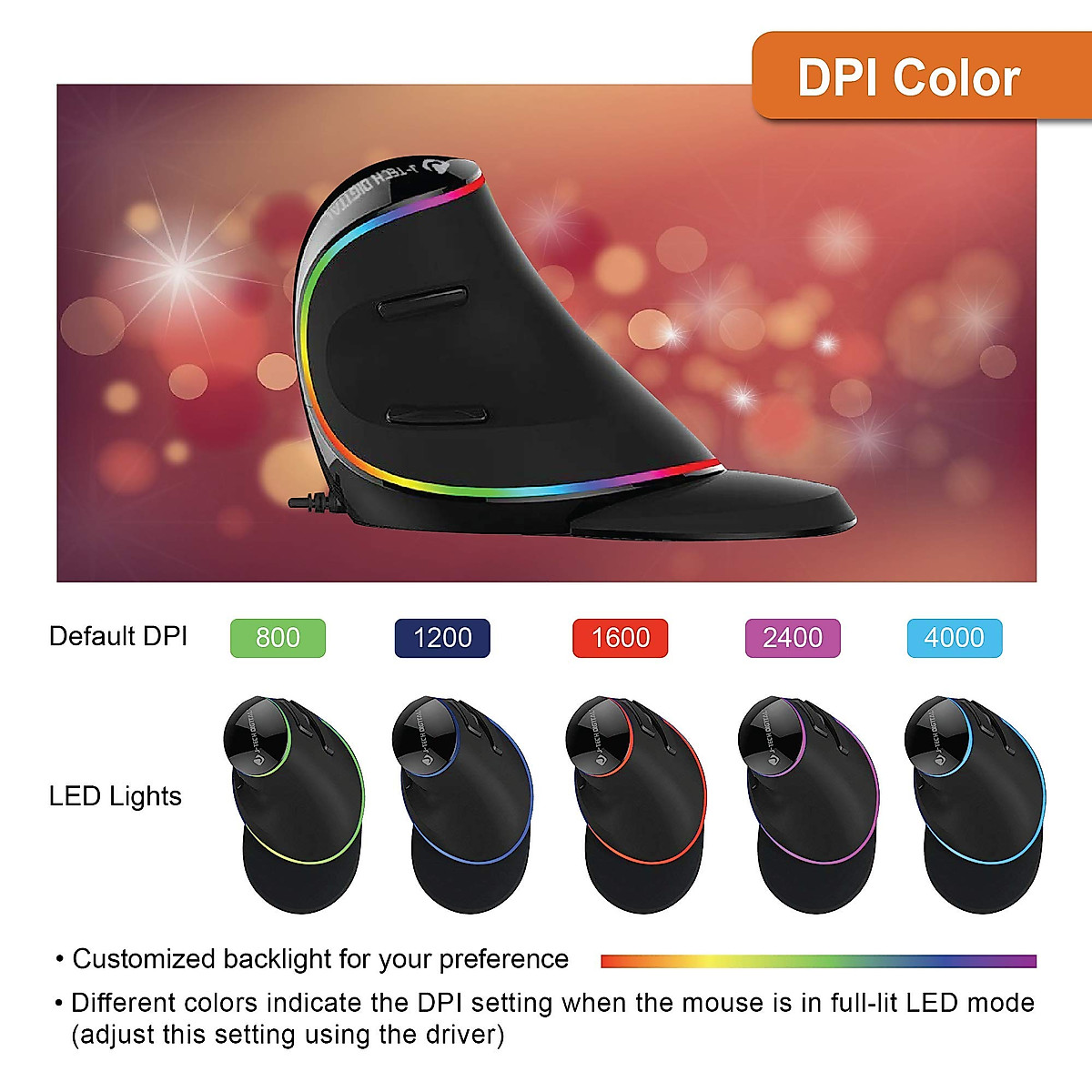 J-Tech Digital Ergonomic Mouse Wired - RGB Vertical Gaming Mouse with 5 Adjustable DPI Settings up to 4000 DPI, Computer Mouse for Carpal Tunnel, Removable Palm Rest and Thumb Buttons [V628R]