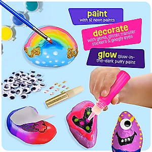 Kids Rock Painting Kit - Glow in The Dark - Arts & Crafts Easter Gifts for Boys and Girls Ages 6-12 - Craft Activities Kits - Creative Art Toys for 6, 7, 8, 9, 10, 11 & 12 Year Old Kids