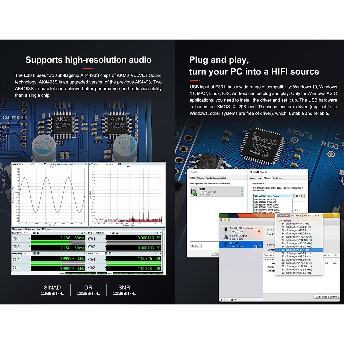 Topping E30 II DAC Preamp Audio Decoder- 2xAK4493S Hi-Res XMOS XU208 DAC 32Bit/768kHz DSD512 DSD Direct Mode for USB/Coax/Opt Inputs RCA HiFi Stereo Digital Audio Decoder(Black)
