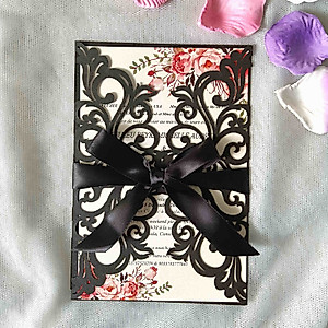 25PCS Laser Cut Wedding Invitations Cards with Envelopes,Blank Inner Sheets,Ribbons for Wedding Bridal Shower Quinceañera Engagement Birthday Invites, pearl black
