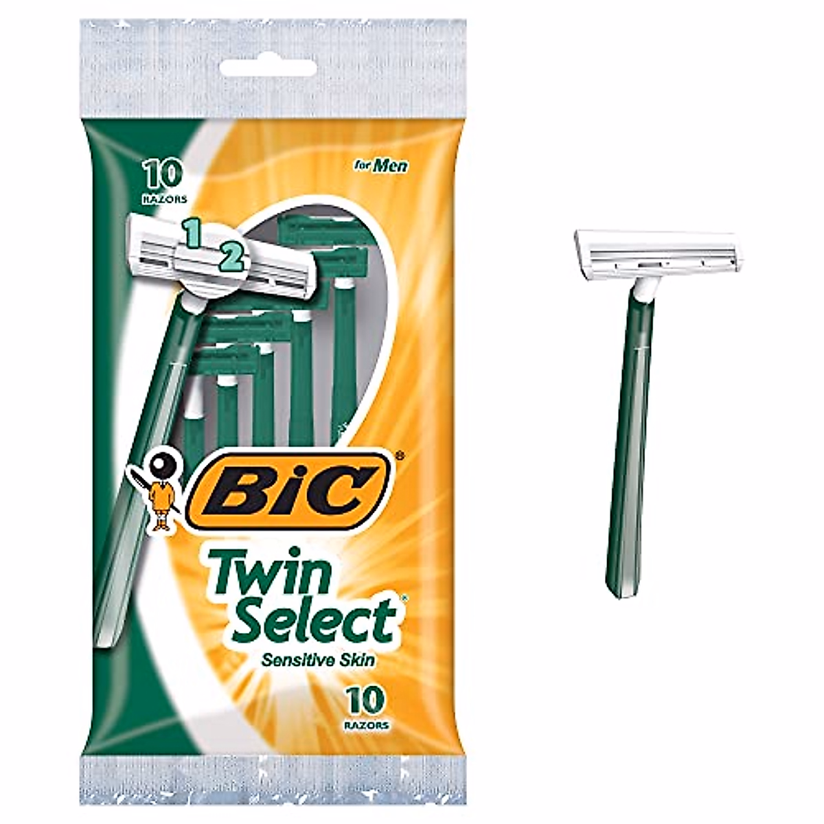 BIC Twin Select Disposable Razors; 2 Blades For a Smooth and Comfortable Shave; Sensitive Skin; Green Handle; 10 Piece Razor Set