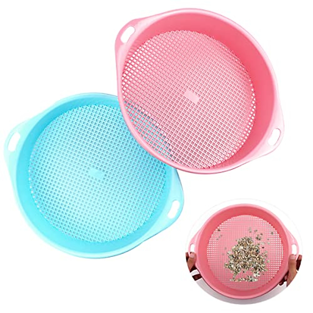 LNQ LUNIQI 2Pcs Round Garden Soil Sieve with Handle,Plastic Mesh Soil Sifter Set for Sieve Work of Small Gravel, Soil, Sand (Pink,Blue