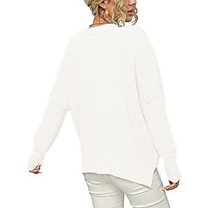 ANRABESS Women's Casual Long Sleeve Oversized Crew Neck Solid Color Side Slit Loose Warm Knit Pullover 2023 Fall Sweater Tops White A305baise-L