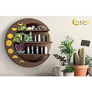 Ella & Emma Crescent Moon Shelf - Moon Wall Decor, Crystal Display Shelf, Hanging Shelf Display, Wooden Moon Shelf, Shelves for Bedroom Aesthetic, Witchy Decor Aesthetic, Wood Shelves - Dark Brown