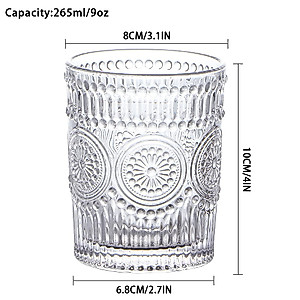 MDLUU 6-Pack Embossed Drinking Glasses, Romantic Glassware, Vintage Glass Tumblers for Juice, Beverages, Cocktail, Capacity 9oz/265ml