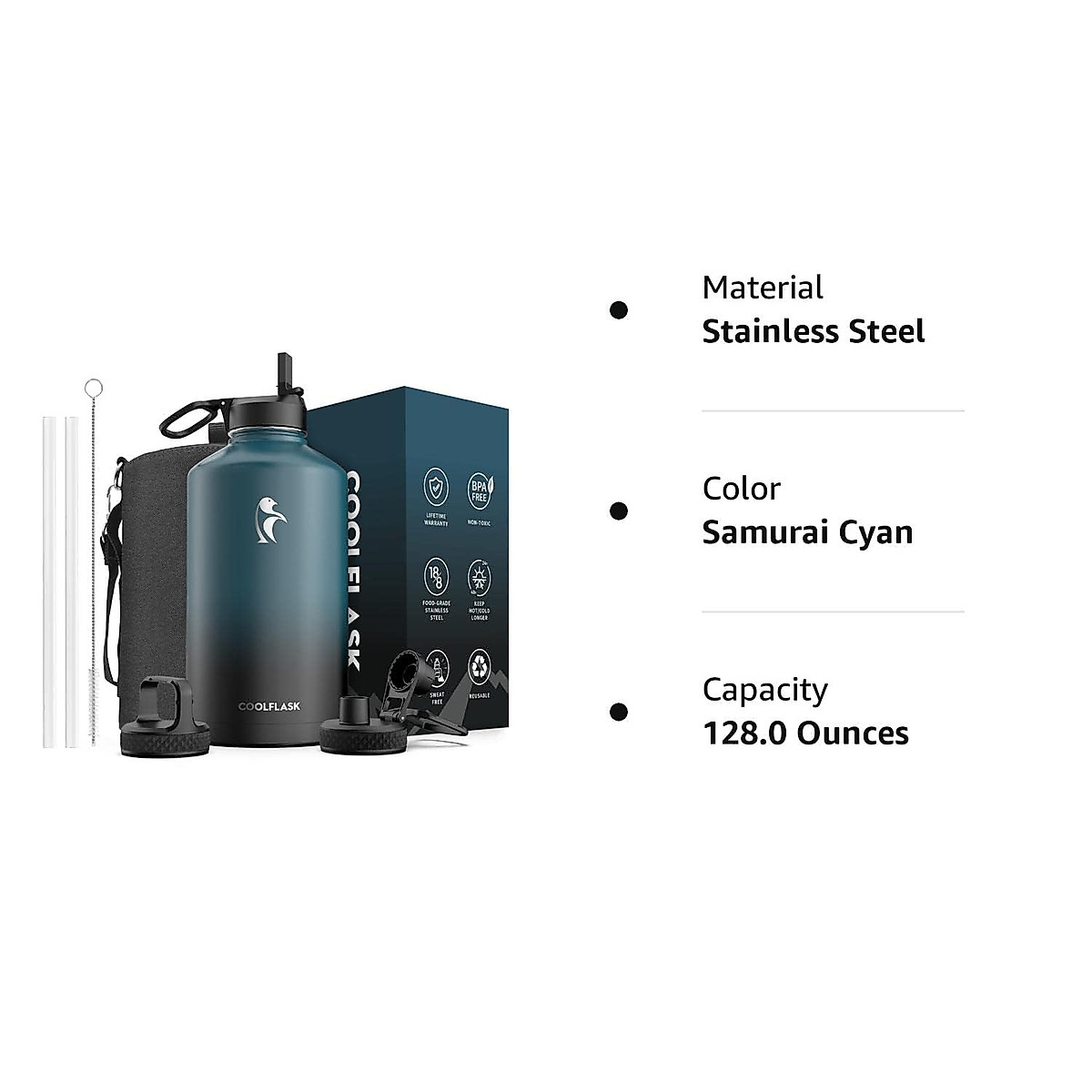 Coolflask 128 oz Gallon Water Bottle Insulated with Straw&3 Lids, Water Jug Large Stainless Steel Metal Vacuum Wide Mouth for Sports, Gym or Office, BPA-Free Keep Cold 48H Hot 24H, Samurai Cyan