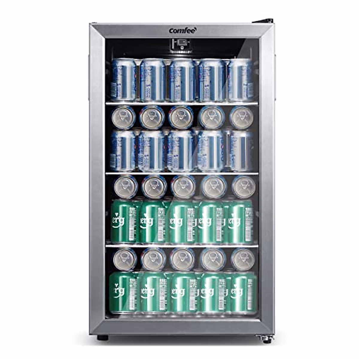 COMFEE' CRV115TAST Cooler, 115 Cans Beverage Refrigerator, Adjustable Thermostat, Glass Door With Stainless Steel Frame, Reversible Hinge Door And Legs For Home, Apartment
