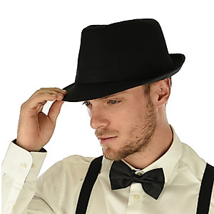 Mens Classic Jazz-Fedora-Hat Manhattan Structured Gangster Trilby Cuban Short Brim Vintage Panama Hats (L:58.5cm/23.03inch, Black)