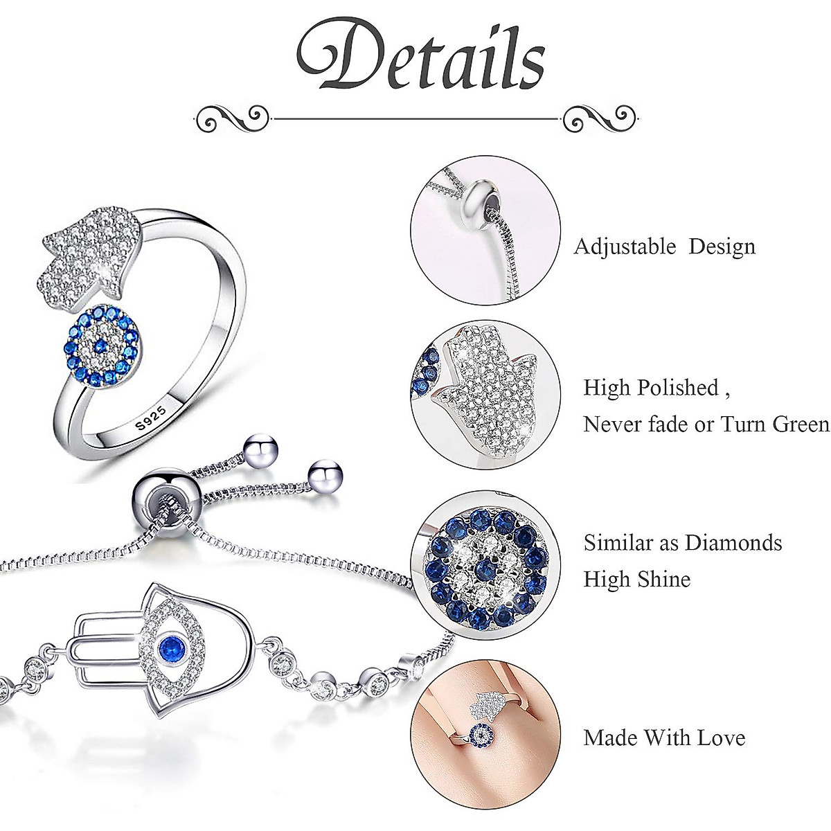 EVBEA Evil Eye Bracelet and Ring Set Evil Eye Ring Cubic Zirconia Adjustable Open Hamsa Ring for Ring Size 6-8