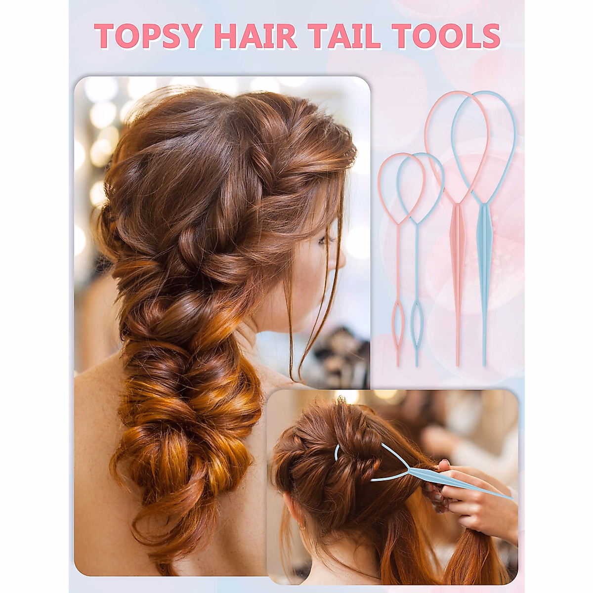 FILOVEMODA Hair Styling Kit: Tail Braiding Tool, 4 French Braid Loops, 100 Clear Mini Elastics, 10 Elastic Hair Ties
