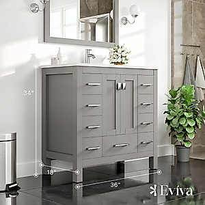 Eviva Bathroom Vanity Cabinet 36in White - Solid Wood w/9 Drawers, Porcelain Sink & Marble Countertop - Gray
