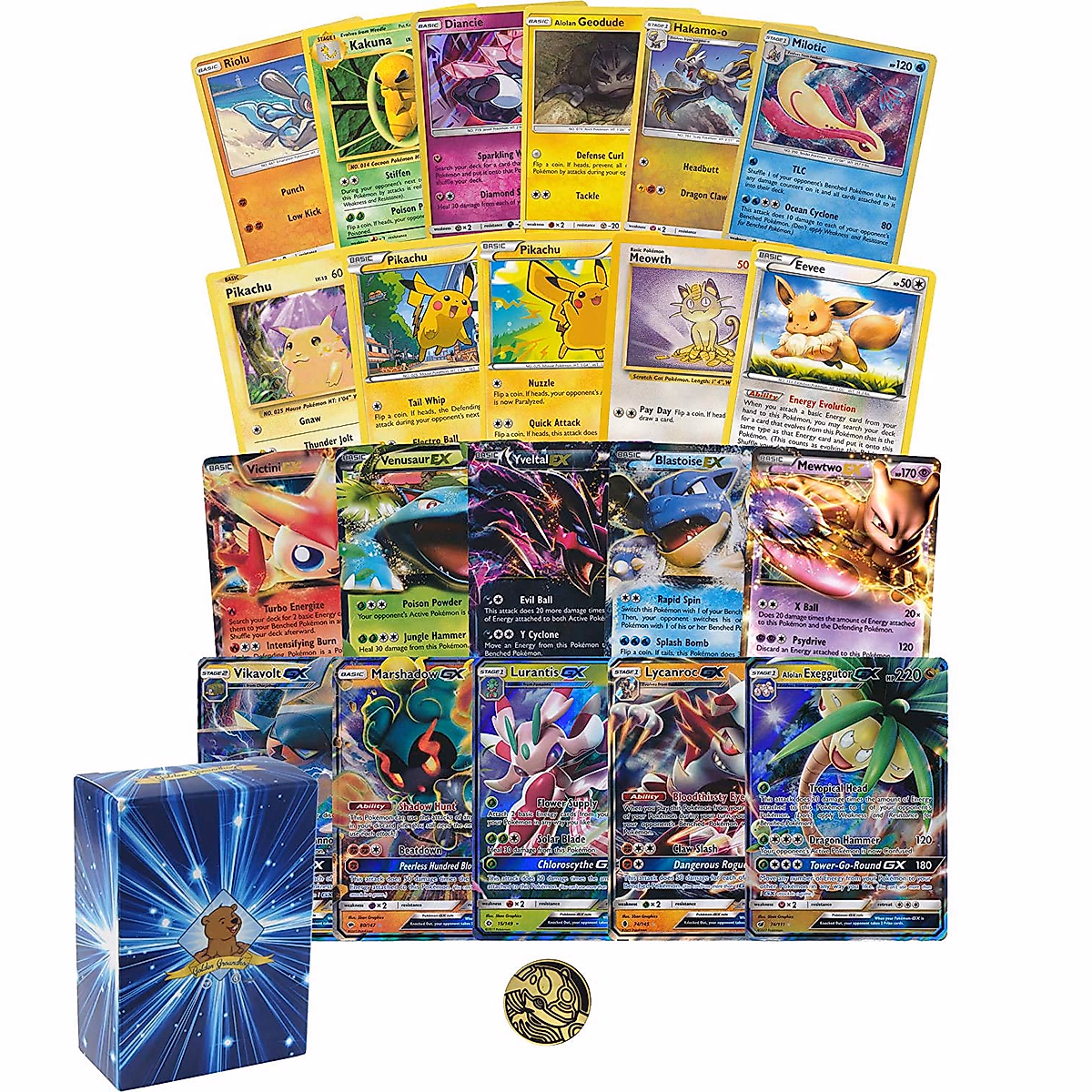 Golden Groundhog TCG Deck Box Including 100 Count Pikachu, Eevee and Friends Lot (Featuring Pikachu 2 Ultra Rares Foils and Holos Comes with Coin)