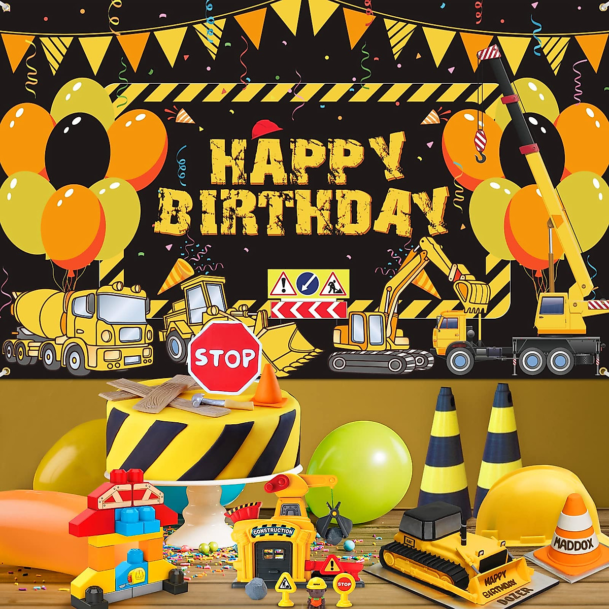 Construction Happy Birthday Banner Large Dump Truck Backdrop Excavator Crane Digger Background Party Supplies for Boys Kids Construction Baby Shower Birthday Party Decoration