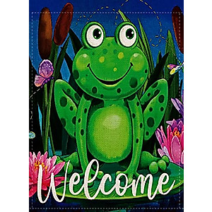 Welcome Frog Garden Flag Vertical Double Sided, Farmhouse Holiday Yard Outdoor Decoration 12 x 18 Inch