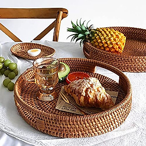 Rattan Tray, Wicker Tray, Rattan Decor, Round Tray, Serving Tray, Decorative Tray, Ottoman Tray, Coffee Table Tray, Includes Eucalyptus Leaves with Stems of 18",Wooden Tray (11.8" x 2.4 ")