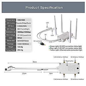 Vonets VBG1200 2.4GHz/5GHz Mini WiFi Bridge Ethernet/Wireless Repeater/Router/WiFi Signal Range Extender Industrial Powered by DC/USB with 1 RJ45 Male for DVR IP Camera