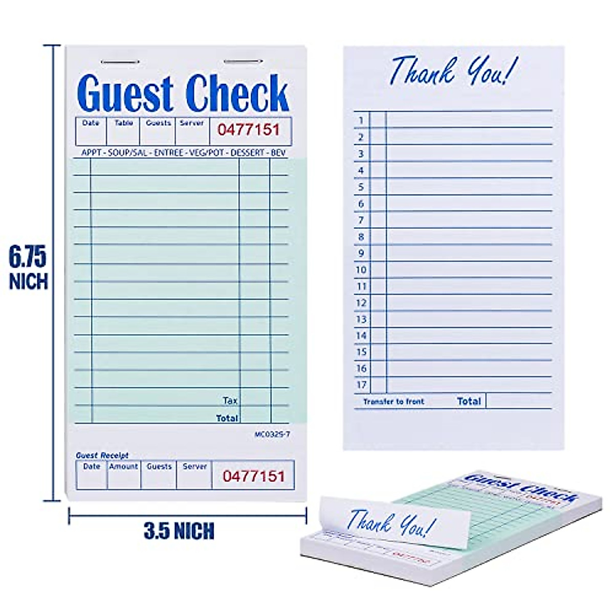 Batrical Guest Checks Server Note Pads 1000 Sheets Waitress Notepad for Restaurants (20 Books) 3.5" x 6.75" Per Ticket Book