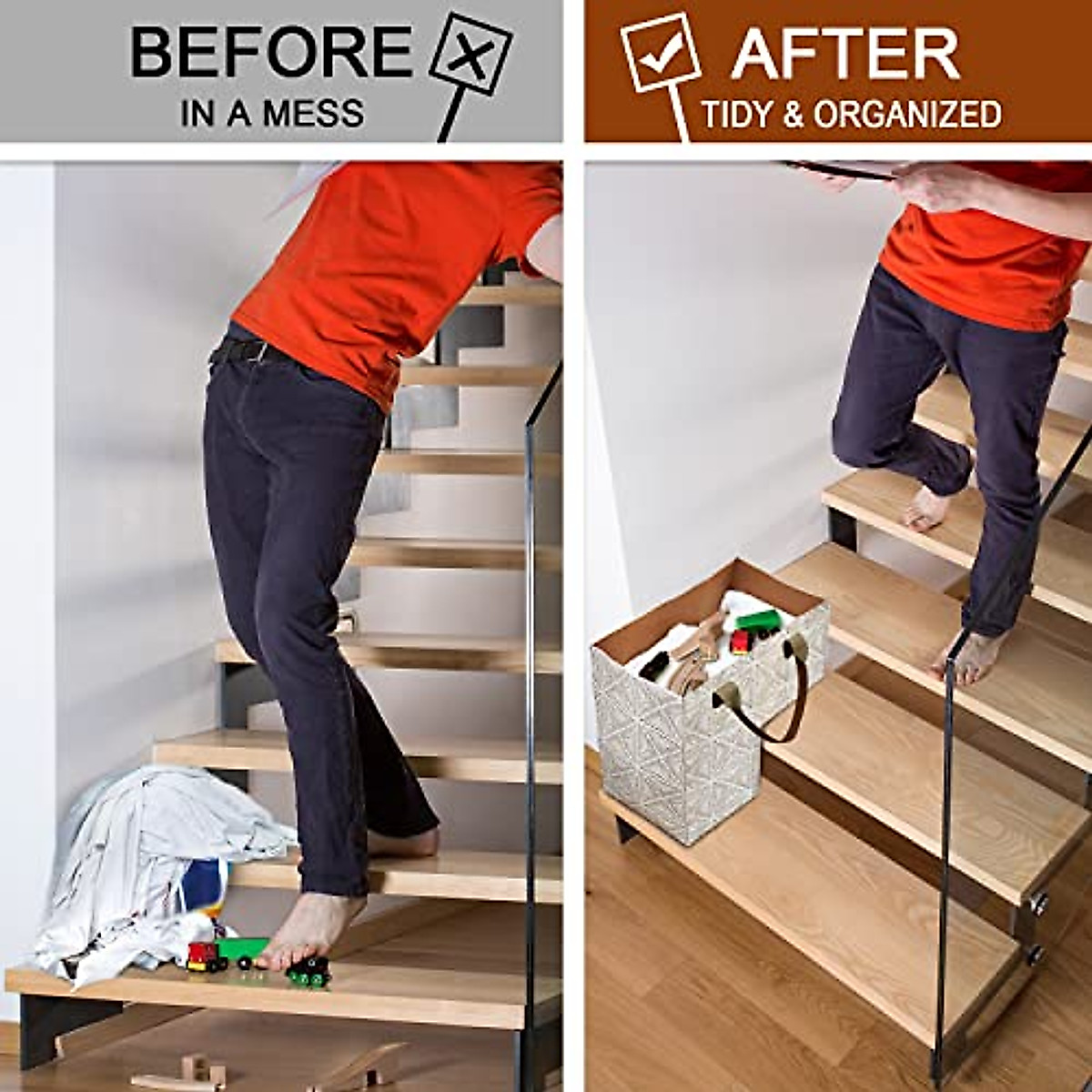 MIXNUS Stair Basket with Handles Felt Staircase Baskets for Carpeted and Wooden Stairsteps Stair Storage Organizer for Laundry Home and Office Decor, Beige