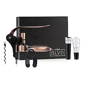 Wine Bottle Opener Set by M&R Blvd. - Professional Grade, Deluxe Screwpull Lever Corkscrew - Extra Spiral, Foil Cutter, Aerator Spout, Wine Stopper - Premium Bar Accessory & Wine Gift Set - Copper