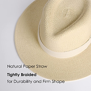 FURTALK Womens Mens Wide Brim Straw Panama Hat Fedora Summer Beach Sun Hat UPF Straw Hat for Women Beige-White