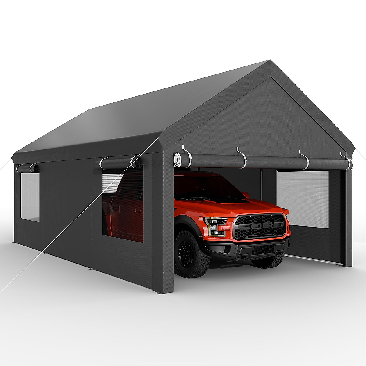 JAMFLY Carport, 12x20 ft Heavy Duty Carport Canopy with Roll-up Windows, Portable Garage with Removable Sidewalls & Doors, Car Canopy with All-Season Tarp for Car, Truck, Boat