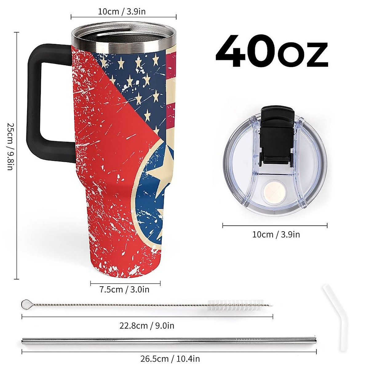 Vintage U.S.A And Tennessee State Flag 40oz Water Bottle Double Wall Insulated Tumbler with Handle Leakproof Travel Mug Black-style
