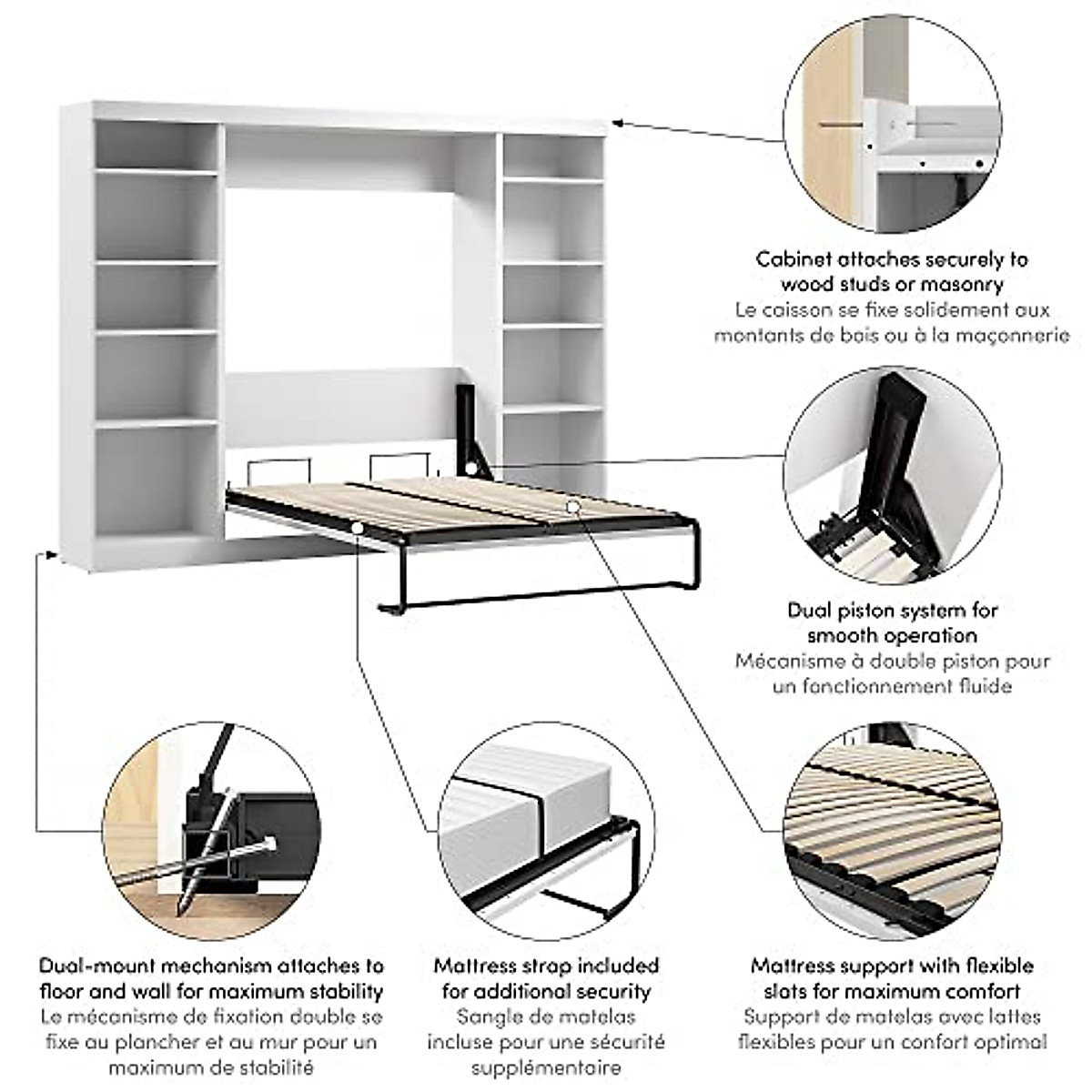 Bestar Pur Full Murphy Bed with 2 Shelving Units, 109-inch Space-Saving Wall Bed with Storage