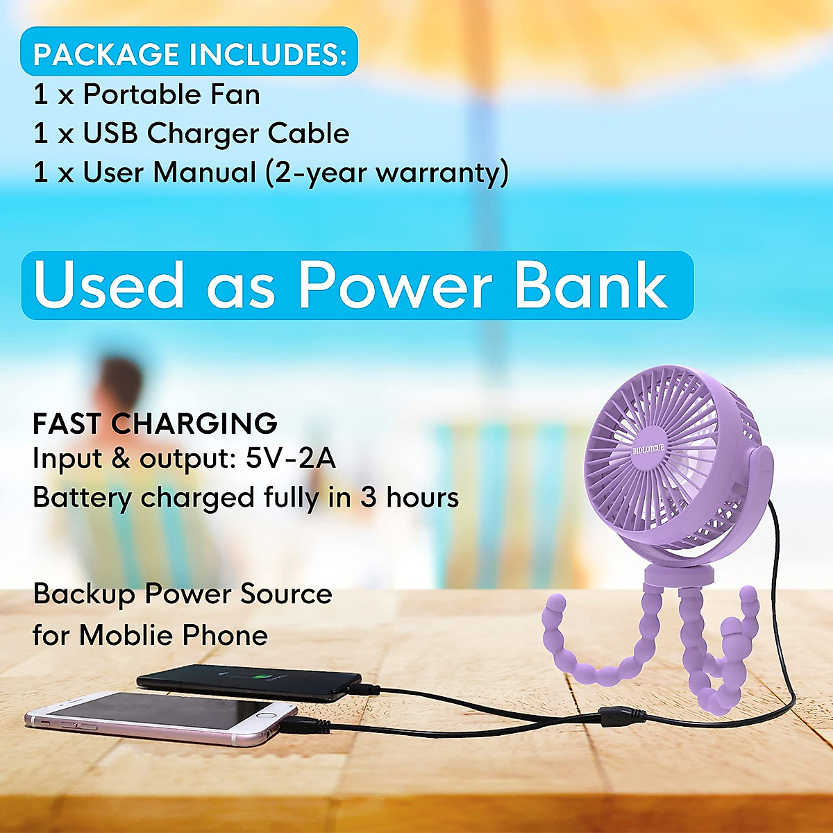 BIDLOTCUE Stroller Fan, Used As Power Bank, 42Hrs 8000mAh Rechargeable Battery Operated Fan, Small Clip On Fans For Baby Stroller, Car Seat, Bed, Golf Cart, Beach, Peloton Bike, Portable Fan