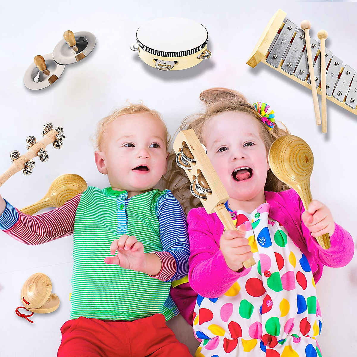 TOPZEA 12 Pack Kids Musical Instruments, Natural Wood Percussion Instrument Baby Drum Set Tambourine Xylophone Musical Toys for Toddler, Boys and Girls, Preschool Educational, with Storage Bag