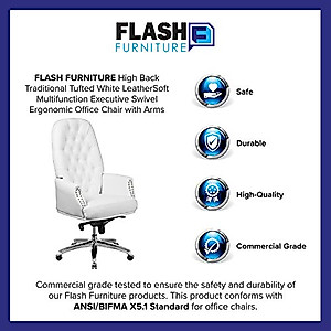 Flash Furniture Hansel High Back Traditional Tufted White LeatherSoft Multifunction Executive Swivel Ergonomic Office Chair with Arms