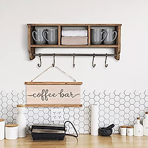 HBCY Creations Wall Mounted Shelf with Coat Hooks and Baskets, Solid Wood Entryway Organizer Wall Shelf with Hooks - Hang Coats, Keys or Coffee Mugs, Rustic Brown 24" Wide