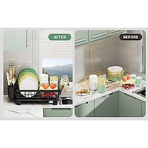 TC Lgog Dish Drying Rack for Kitchen Counter – Drainboard with 4 Slots Knife, Fork & Cup Holder Organizers, Rotating Swivel Spout, Durable Coated, Attractive Black