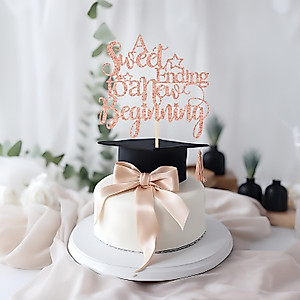 A Sweet Ending to A New Beginning Cake Topper, Congrats Grad 2025, Graduation/Wedding/Retirement Party Decorations, Rose Gold Glitter