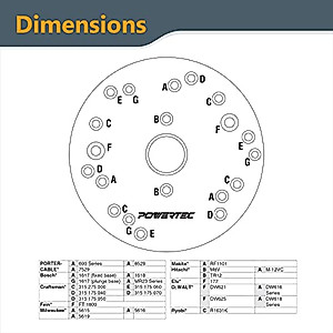 POWERTEC 71369 Dia 6-1/2" Universal Clear Acrylic Base Plate w/Centering Pin, Screws and Letter-Marked Holes, Fits Porter Cable, Bosch, Craftsman, Dewalt, Hitachi, Makita, Milwaukee, Ryobi