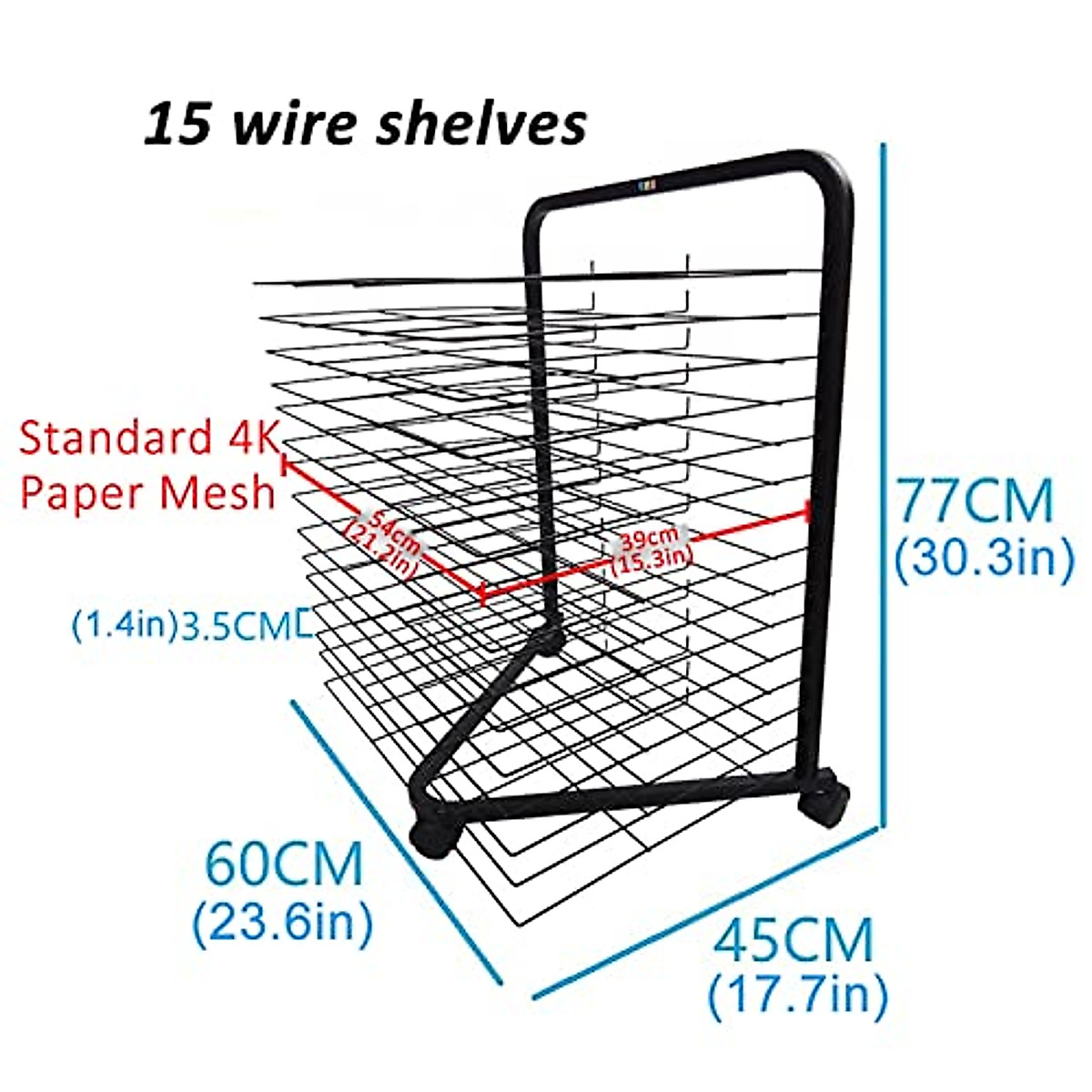 15 Shelves Art Drying Rack Wire Drying Rack Metal Steel Art Organizer Mobile Painting Drying Shelf with 3 Wheels for Schools and Art Clubs, 4K Paper Shelves 21.2 X 15.3 Inches