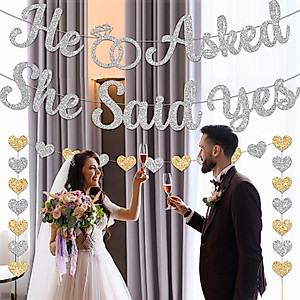 He Asked She Said Yes Banner Silver Glitter, No-DIY She Said Yes Decorations Banner with Heart Garland, Engagement Party Decorations Silver for Wedding Engagement Bridal Shower Party Decorations
