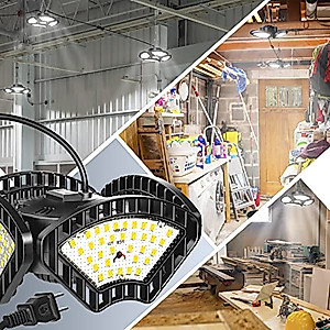 FREELICHT 4 Pack LED Garage Lights with Plug, 90W 9000LM Hanging Deformable Garage Ceiling Lighting 6500K with 4+1 Adjustable Panels, Corded Linkable Shop Light for Basement, Barn, Workbench