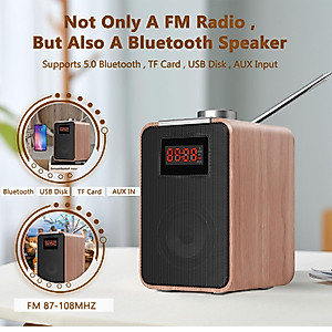 Bluetooth Fm Radio, Retro Radio Plug in Wall Vintage Wooden Bluetooth Speaker Portable Shortwave Radio with LED Display, 2000mAH Rechargeable with Rotary Knob for Outdoor Indoor Office
