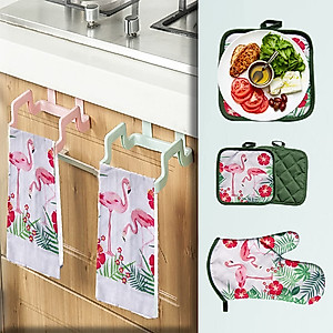 Lobyn Value Packs - 5 Piece Tropical Kitchen Towel Set: Features Flock of Pink Flamingos, 2 Decorative Dish Towels, 1 Oven Mitt, and 2 Potholders