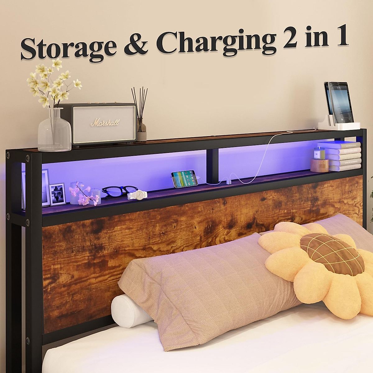 LoVinson Full Size Metal Bed Frame with Storage Headboard, Platform Bed with Charging Station & LED Lights, Wood Slat Support, No Box Spring Needed, Noise-Free, Easy Assembly, Rustic Brown