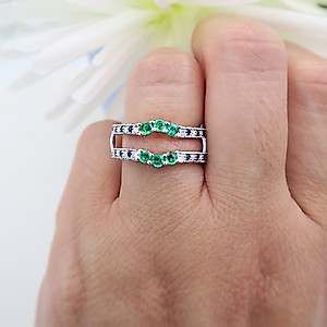 Dazzlingrock Collection Round Emerald, Blue Sapphire & Diamond Wedding Enhancer Double Ring in 14K White Gold, Size 8.5