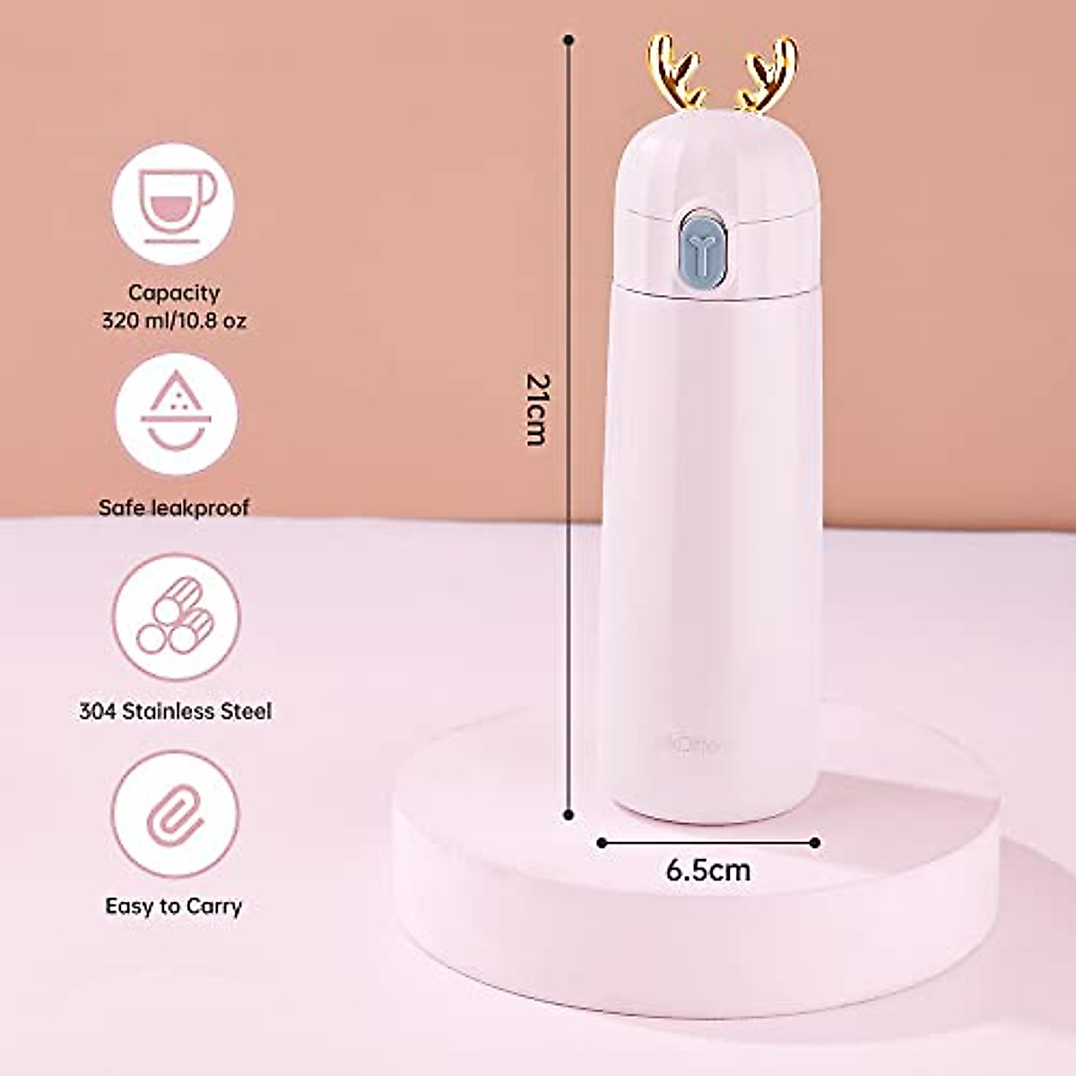 Water Bottle, Insulated Stainless Steel Water Bottle, Deer Horn Kids Cups, Vacuum Insulated Double Wall Camping Tumbler, Gifts for Women, Christmas, Friends, Mom, Her, Sister, Aunt, Daughter, 350 ML