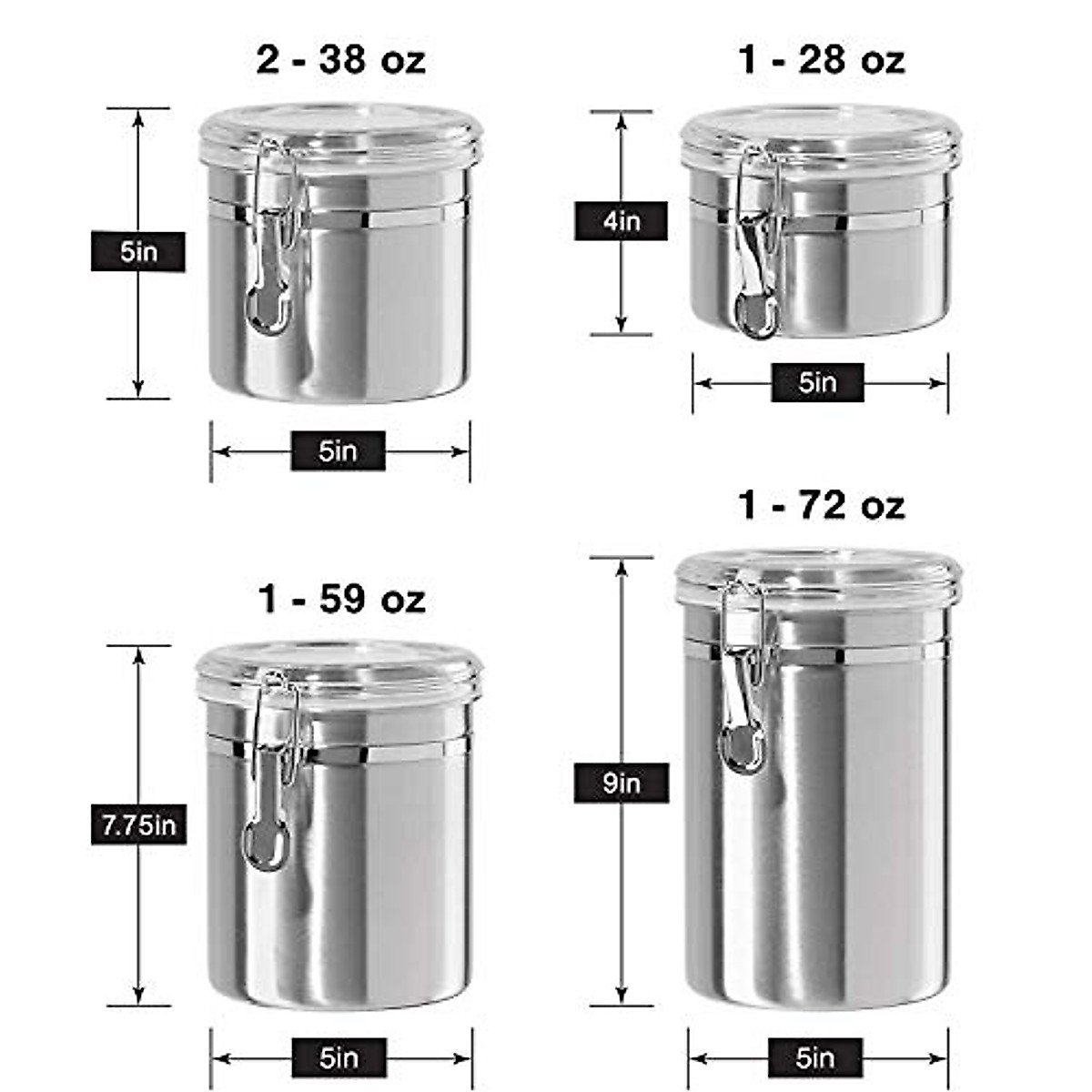 5pc Stainless Steel Canister Set with Clear Acrylic Lids & Clamp Airtight Durable & Stackable Food Storage Container for Kitchen Counter & Pantry, Tea, Sugar, Coffee, Flour, Rice, Pasta, Spices, Herbs