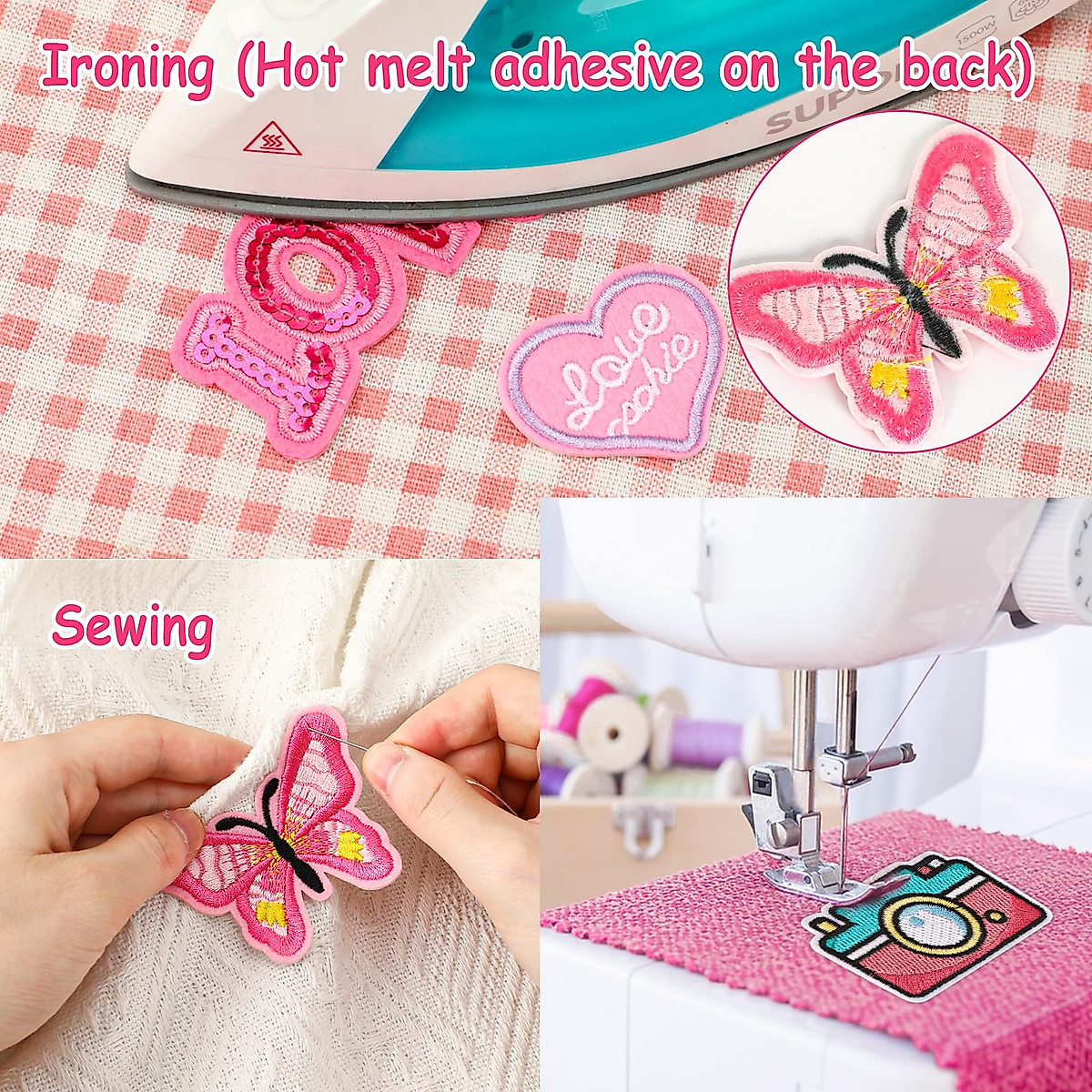 60pcs Pink Embroidered Patches Random Assorted Styles Pink Theme Iron on Patches for Girls Western Cowgirl DIY Sew Applique Repair Patch Cute Preppy Sew on Patches for Backpacks Pants Clothes Jeans