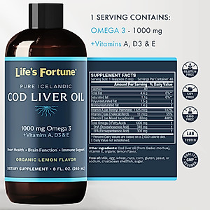 Life's Fortune Cod Liver Oil liquid Organic Lemon Flavor (8 Oz) 1,000 mg Omega + Vitamin A, E & D3 - Supports Immune Health - 100% Fish Oil Supplement from Wild Ocean Cod-GMO Free