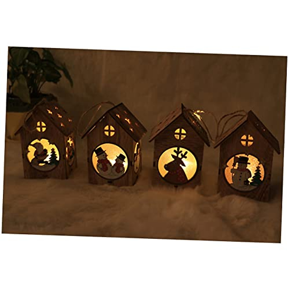 BESTOYARD 4pcs Glowing Wooden House Wooden Hanging Ornament Snow Globe Lantern Christmas lit House Snowman Night Light Desktop Wooden Village Home Decor Night Lamp Child Snowball Mini